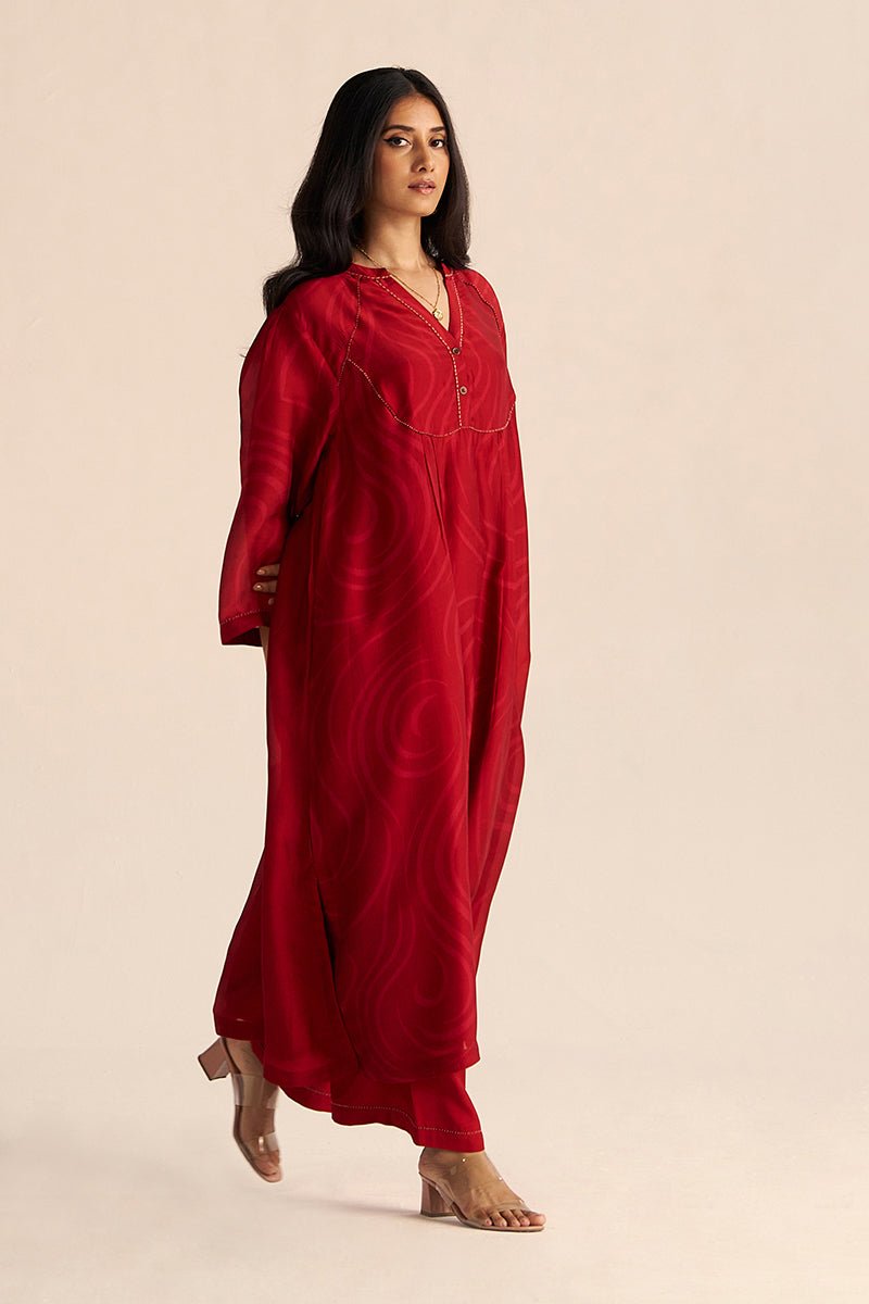 Chili Pepper Red Silk Print Co-ord Set - Ganga Fashions