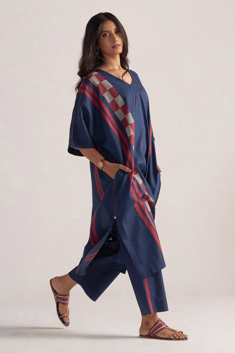 Navy Blue Mul-Mul Kaftaan Set | Soft Cotton Loungewear - Ganga Fashions