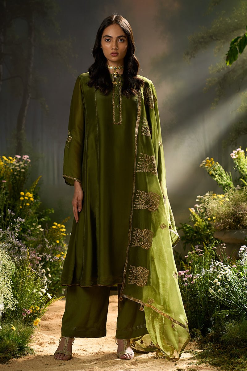 Mehandi Green Silk Festive Kurta Set - Ganga Fashions
